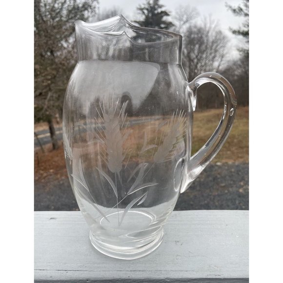 Unmarked | Art | Antique Cut Etched Glass Wheat Water Pitcher Applied ...